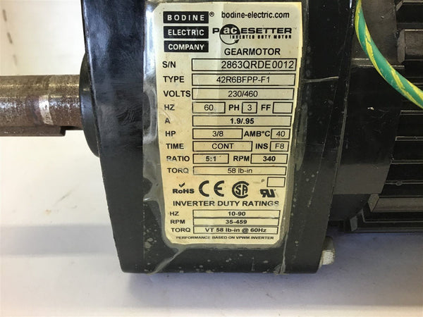 Bodine Electric 42R6BFPP-F1 3/8 Hp AC Motor 5:1 Ratio 340 Rpm – BME ...