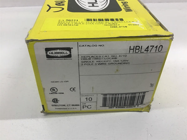 Hubbell HBL4710 Twist-Lock Single Receptacle 15A 125V 2 Pole 3 Wire Lo ...