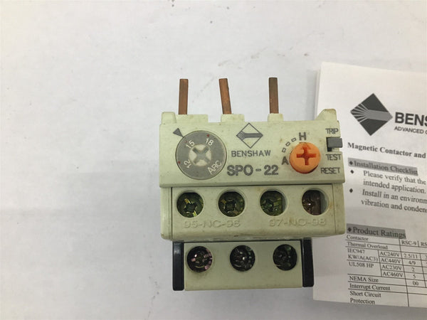 Benshaw Thermal Overload Relay SPO 22 – BME Bearings and Surplus