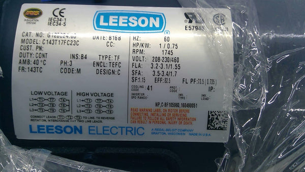 Lesson G120024 Motor 1HP 208-230-460V 1745/1800RPM 4Pole 143TC 3Phase ...