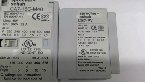 Sprecher+Schuh CA7-16C-M40 Contactor With S+S CS7-PV Top Mount Contact ...