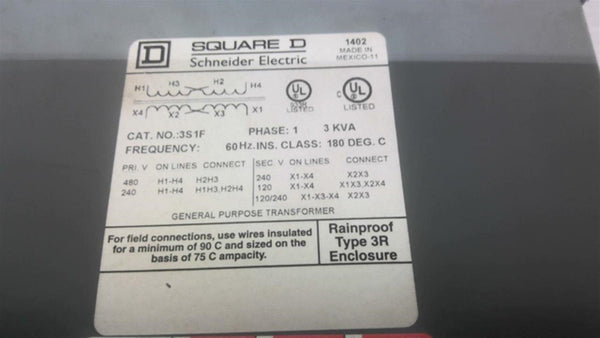 Square D 3S1F Transformer 3 KVA Single Phase 480 240 PRI 240 120 Sec T ...