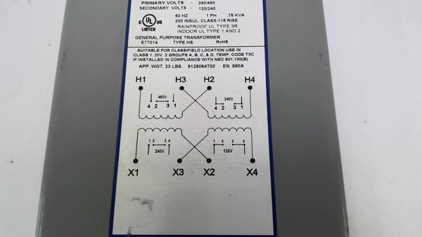 Emerson HS1F750B .75KVA Transformer 240/480V Pri 120/240V Sec Single P ...