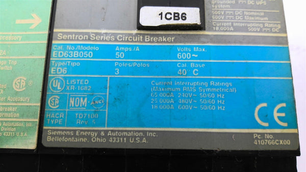 Siemens ED63B050 Circuit Breaker 50 Amp 3 Pole 600 Volts – BME Bearings ...