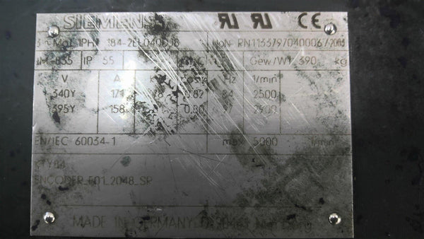 Siemens 1PH7 184-2EL040DJ8 78 Kw DC Motor 340Y Volts 171A 84Hz 2500Rpm ...