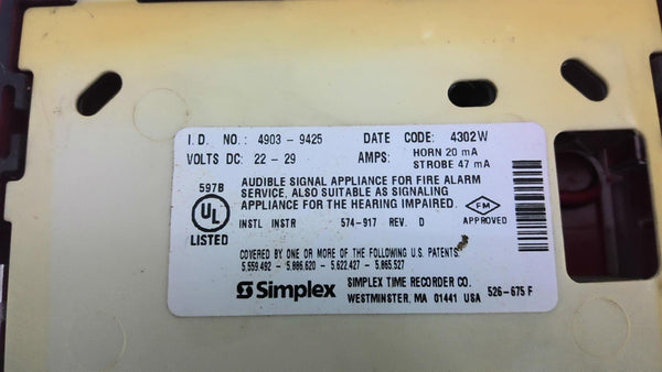 Simplex TrueAlert 4903-9425 Fire Alarm – BME Bearings and Surplus