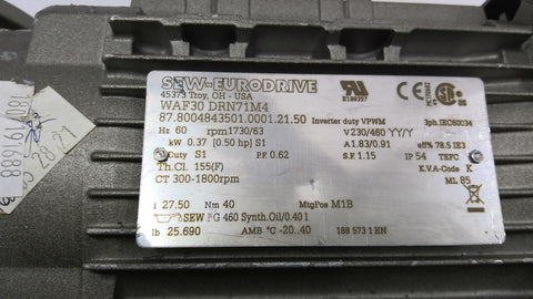 Sew-Eurodrive WAF30 DRN71M4 27.50:1 Ratio 0.37kW AC Hollow Shaft Gear ...