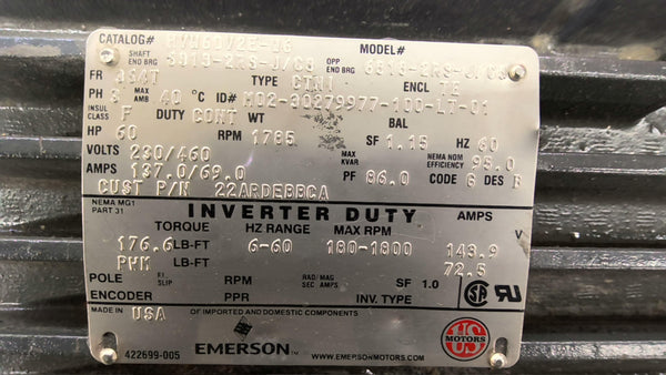 US Motors HVW60V2E-W6 60Hp Ac Motor 1800Rpm 4P 3Ph 364T 230/460V Te 60 ...