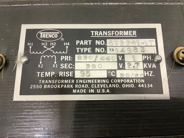 Trenco 612261-1T 2.7 KV Single Phase Transformer 230/460 Pri 380 Sec ...