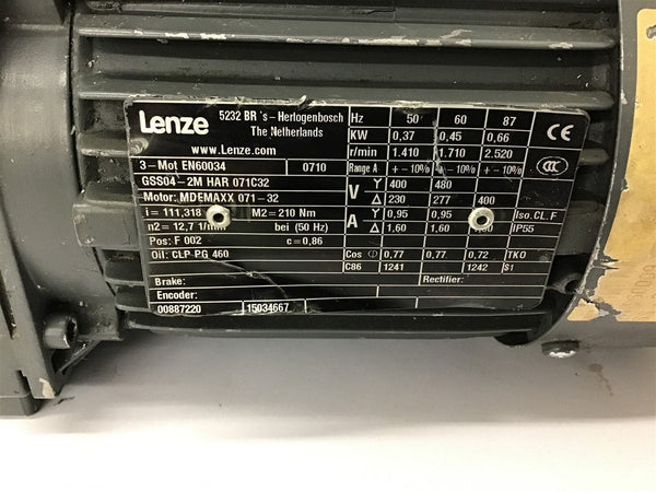 Lenze 3-Mot EN60034 Motor 50/60Hz .37kW/ .45kW 1.410/1.710r/min 400/48 ...