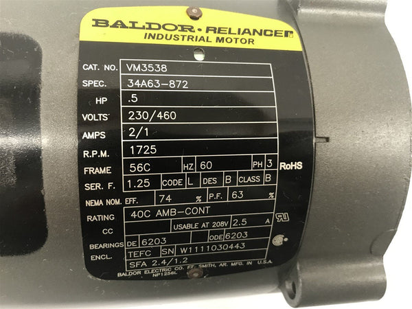 Baldor VM3538 1/2 HP AC Motor 230/460 Volts 1800 rpm 4p 56C Frame – BME ...