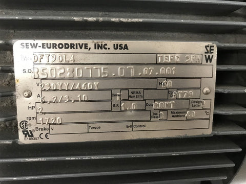 Sew-Eurodrive DFT90L4 2 Hp AC Motor 230/460 Volts 1800 rpm 90L Frame ...