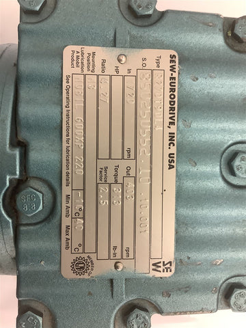 Sew-Eurodrive DFT90L4 2 Hp Gear Motor 230/460 volts 4.27:1 Ratio – BME ...