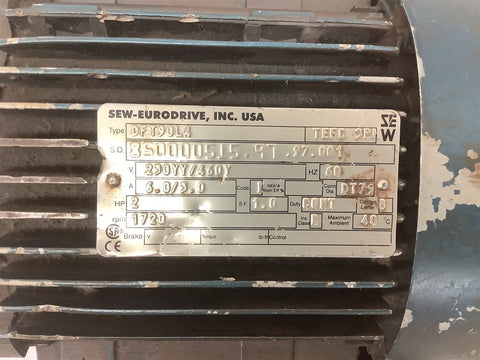 Sew-Eurodrive DFT90L4 2 HP Gear Motor 230/460 Volts 8.37:1 RAtio – BME ...