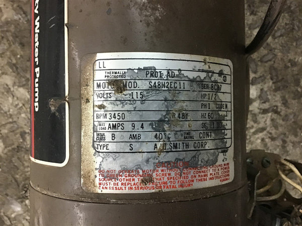 Sears S48H2EC11 20/40 Quality Water Pump 115 Volt 1/2 Hp 3600 Rpm Sing ...