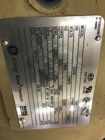 GE 5KS254ATE205A 15 HP AC Motor 230/460 Volt 1800 Rpm 4P 254T Frame ...