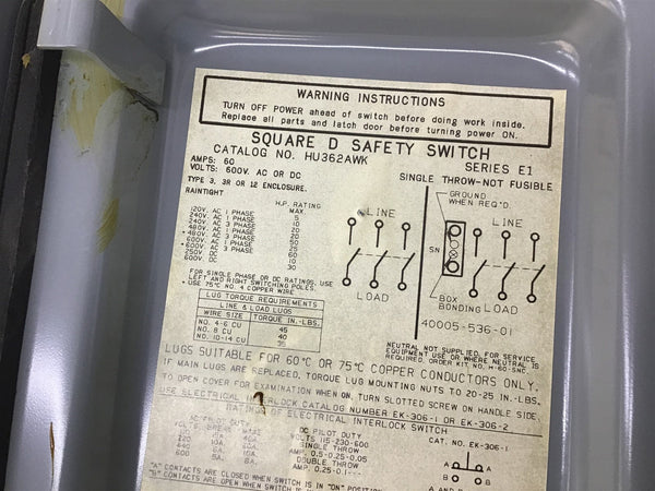 Square D HU362AWK 60A 600V Safety Switch – BME Bearings and Surplus