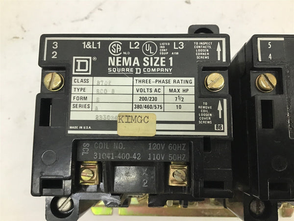 Square D Class 8702 Type SC0 8 NEMA Size 1 Starter 3 PH 380/460/575 VA ...