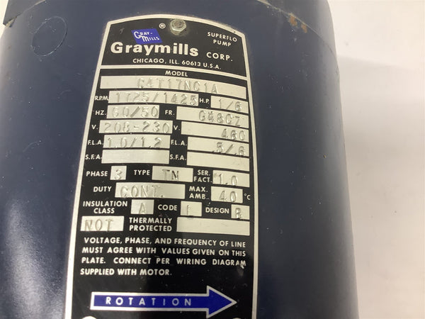 Graymills C4T17NC1A Superflo Pump AC Motor 1/6HP 208-230-460V 1725/142 ...