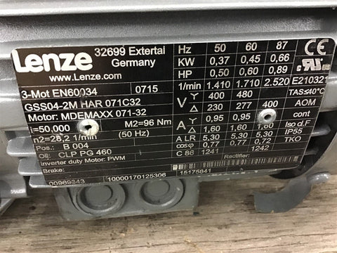 Lenze EN60034 GSS04-2M HAR 071C32 Gear Motor 0.60 HP 277/480 V – BME ...