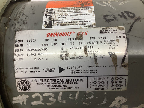 US Motors E180A Motor .50HP 208-230/460V W/ E-436/X08X160R073F Syncrog ...