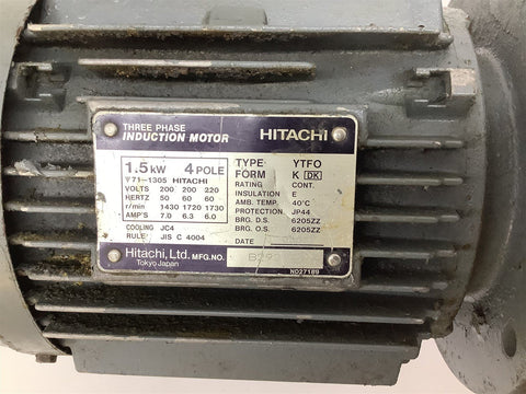 Hitachi YTFO AC Induction Motor 1.5kW 200V 1720RPM 4P 3PH 60Hz – BME Bearings and Surplus
