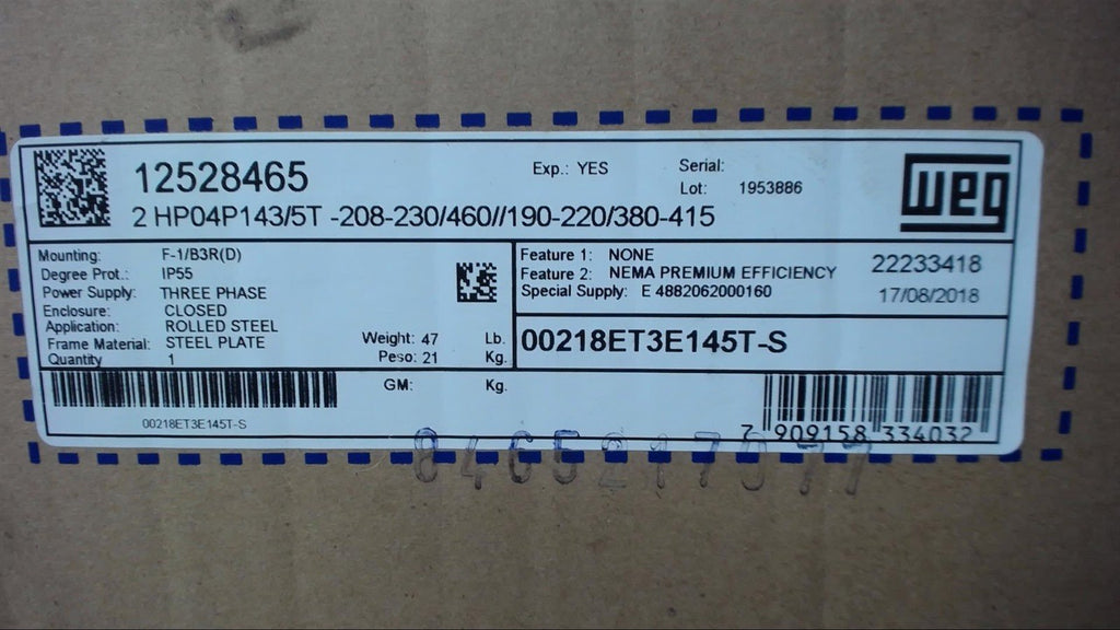 WEG 00218ET3E145T-S 2 HP AC MOTOR 208-230/460 VOLTS, 1800 RPM, 4P, 143 ...