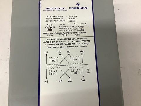 Emerson Hevi Duty HS1F1BS Transformer – BME Bearings and Surplus