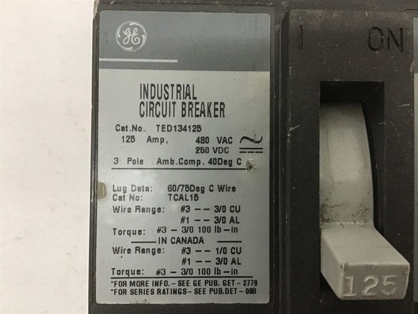 General Electric TED134125 Industrial Circuit Breaker 125 AMP 480 VAC ...