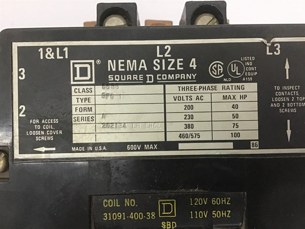 Square D 8536 SFG 1 Size 4 Starter 460 V 100 HP 120 Volt Coil – BME ...