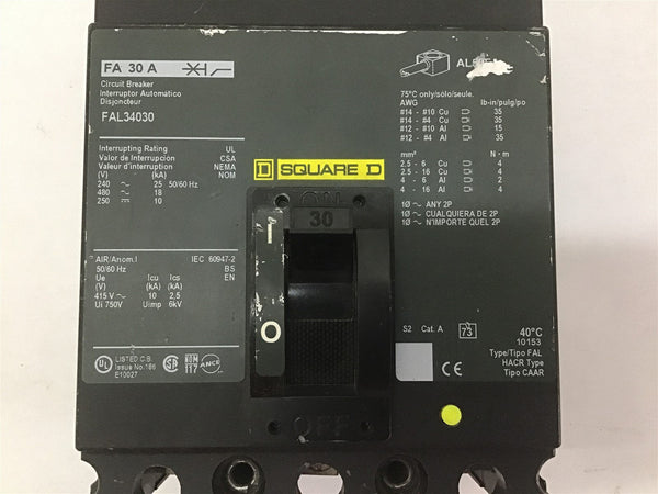 Square D FAL34030 Circuit Breaker 30 Amp 480 VAC 50/60 HZ – BME ...