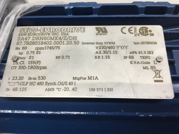 Sew Eurodrive SA47 DRN80MK4/Z/DH 3/4 Hp 230/460 V 1745/75 Rpm 3 Ph 60 ...