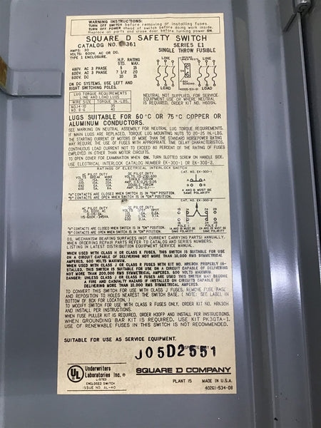 Square D H361 Safety Switch Single Throw Fusible 30AMP 600V – BME ...