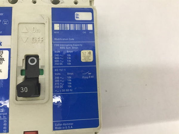 Cutler Hammer FDB3030L Series C 30 AMP 00 VAC 250 VDC 3 Pole – BME ...