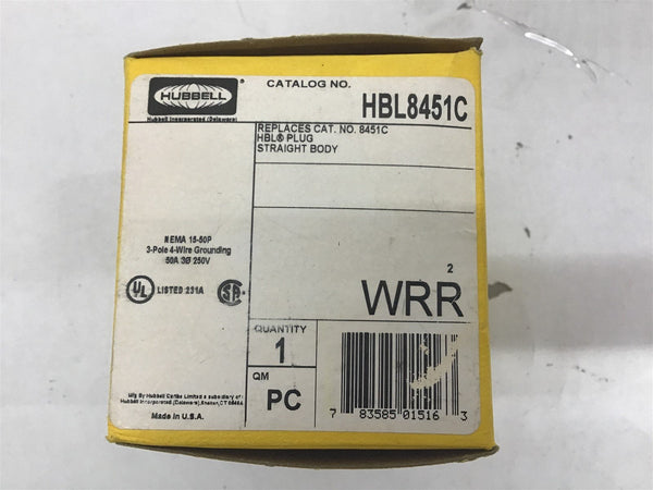 Hubbell HBL8451C Straight Body Wire Plug Nema 15-50 P 3 Pole 4 Wire 50 ...