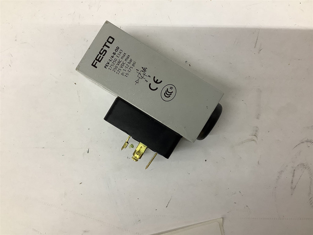 Festo PEV-1/4-B-0D 250 VAC 125 VDC 15-175 Psi – BME Bearings and Surplus