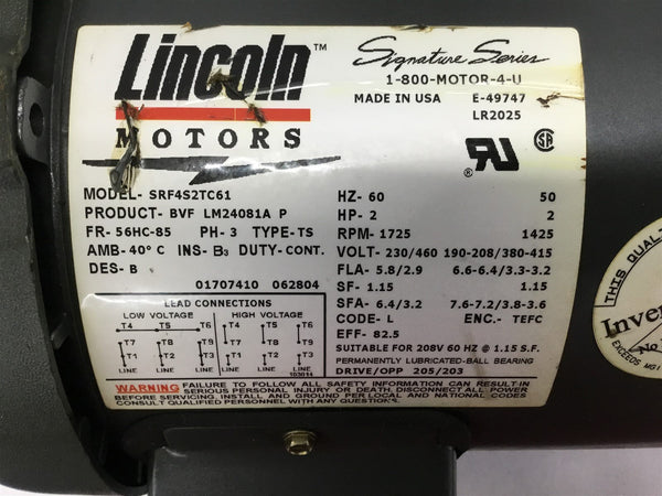 Lincoln SRF4S2TC61 2HP 230/460V 1725/1800RPM 4P 56HC-85FR 3PH 60HZ TEF ...