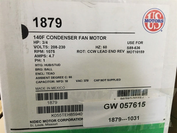 US MOTORS 1879 140F CONDENSER FAN MOTOR 3/4HP 208-230V 1075RPM 4.7AMP ...
