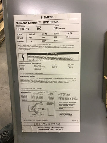 Siemens HCP367H Sentron HCP Switch 800 A 600 VAC 3 Ph 3 P – BME ...
